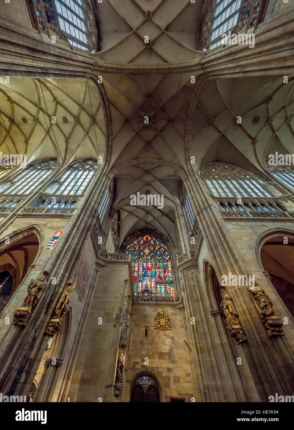 Stained glass window, apse of the Gothic St. Vitus Cathedral, Prague ...