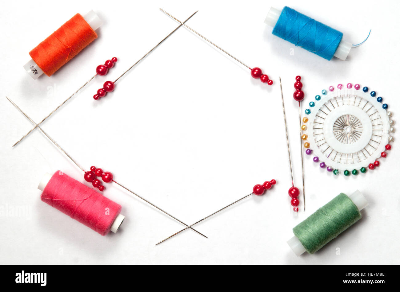 Sewing thread and pins frame with place for text background Stock Photo ...