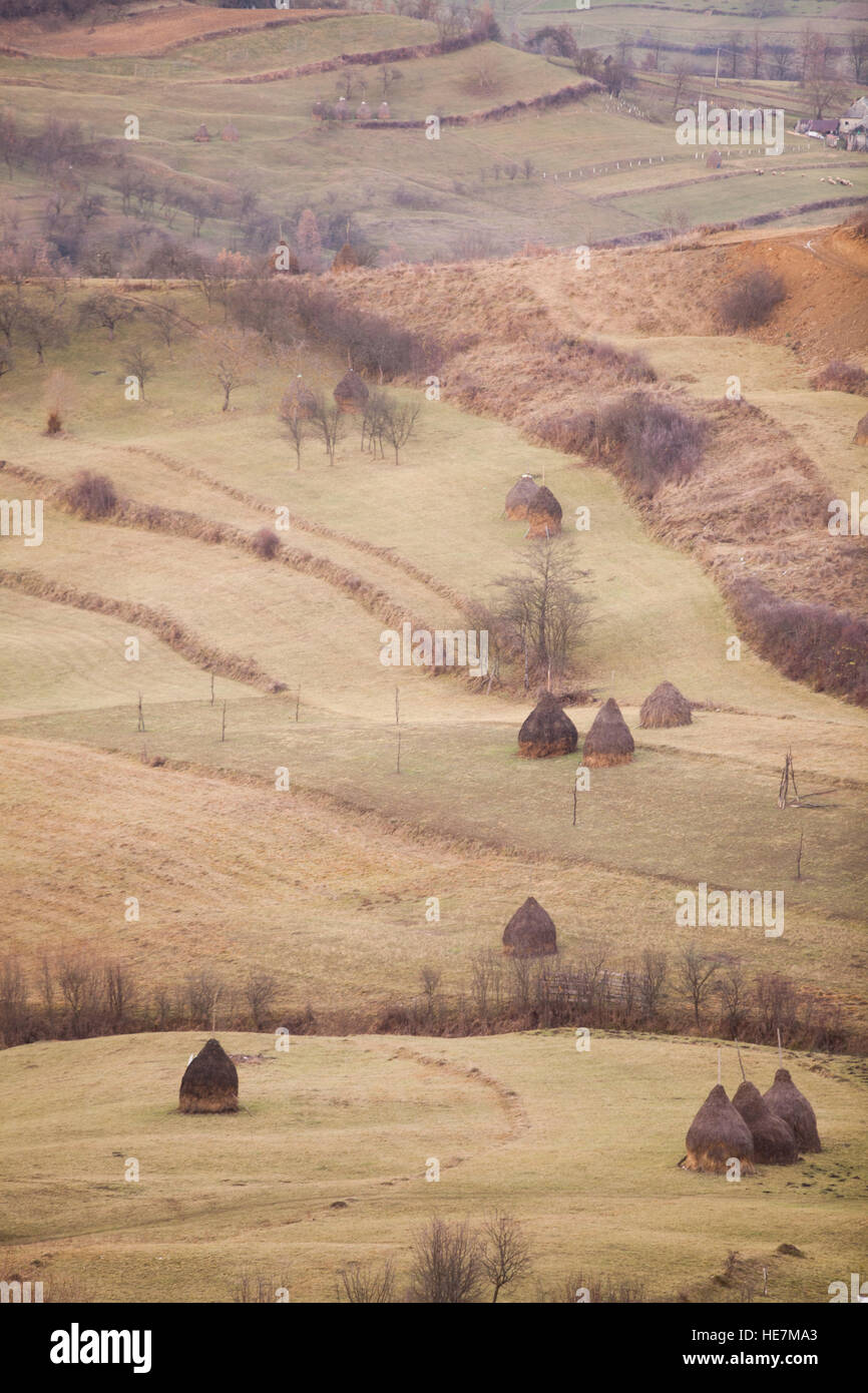 Traditional haystack on some hills in Romania Stock Photo - Alamy