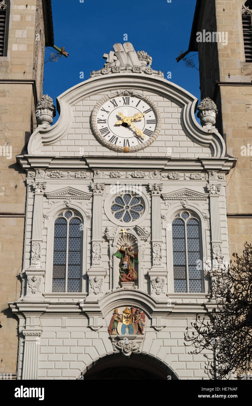Switzerland: details of the facade of the Church of St. Leodegar, the ...