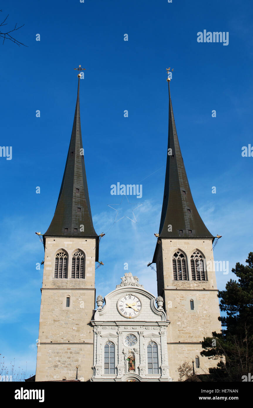 Switzerland, Europe: details of the facade of the Church of St ...