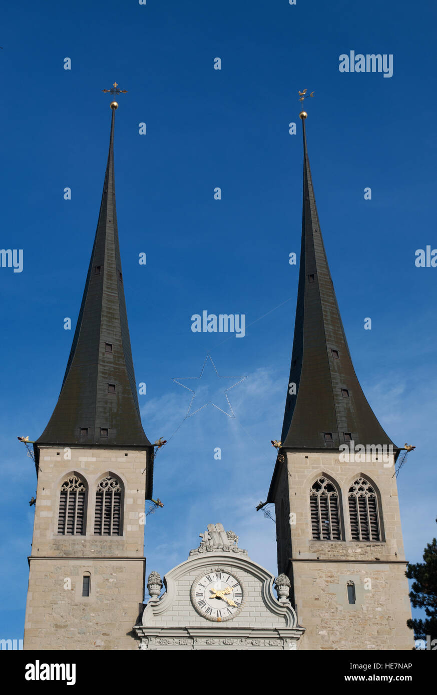 Switzerland, Europe: details of the facade of the Church of St ...