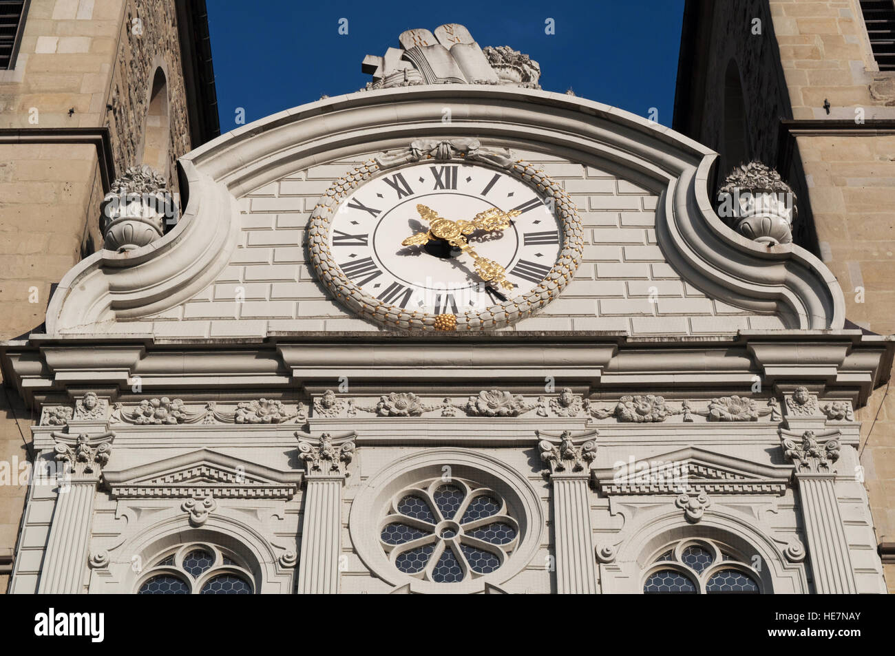 Switzerland, Europe: details of the facade of the Church of St ...