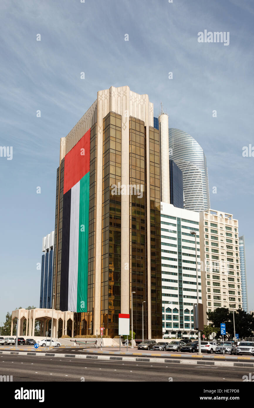 Building decorated with the national flag of the United Arab Emirates ...