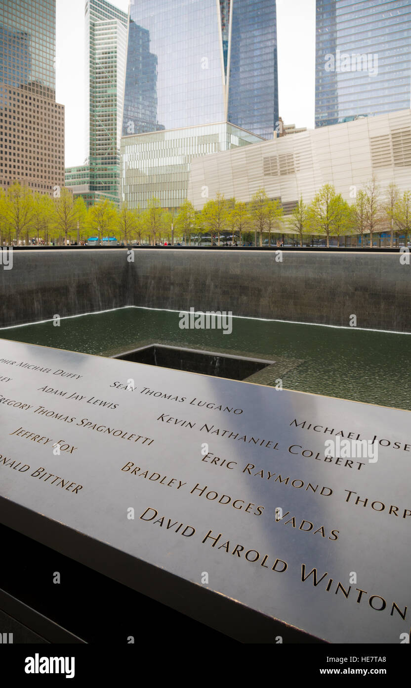 NEW YORK - APRIL 27, 2016: Names panels at the 9/11 Memorial site in ...
