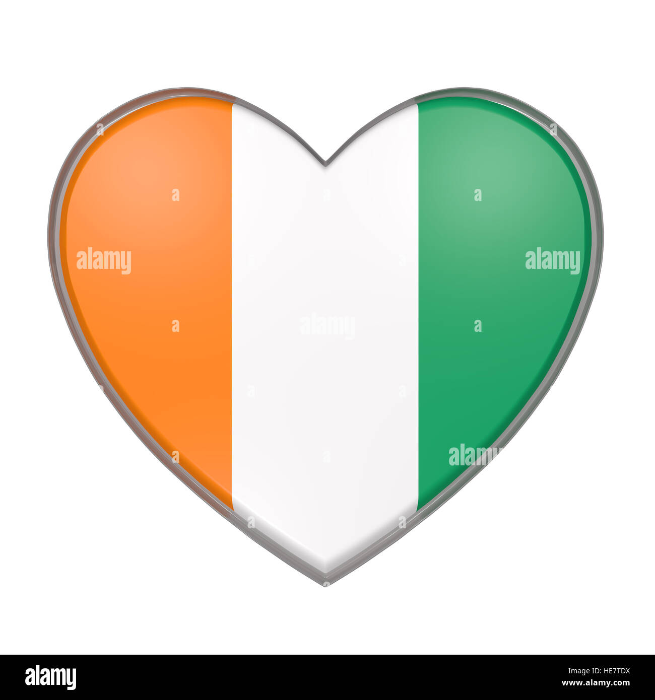 3d rendering of an Ivory Coast flag on a heart. White background Stock ...