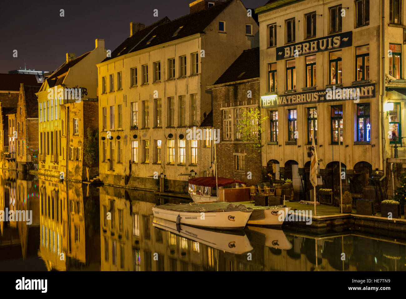 Canal in Gent at night Stock Photo - Alamy
