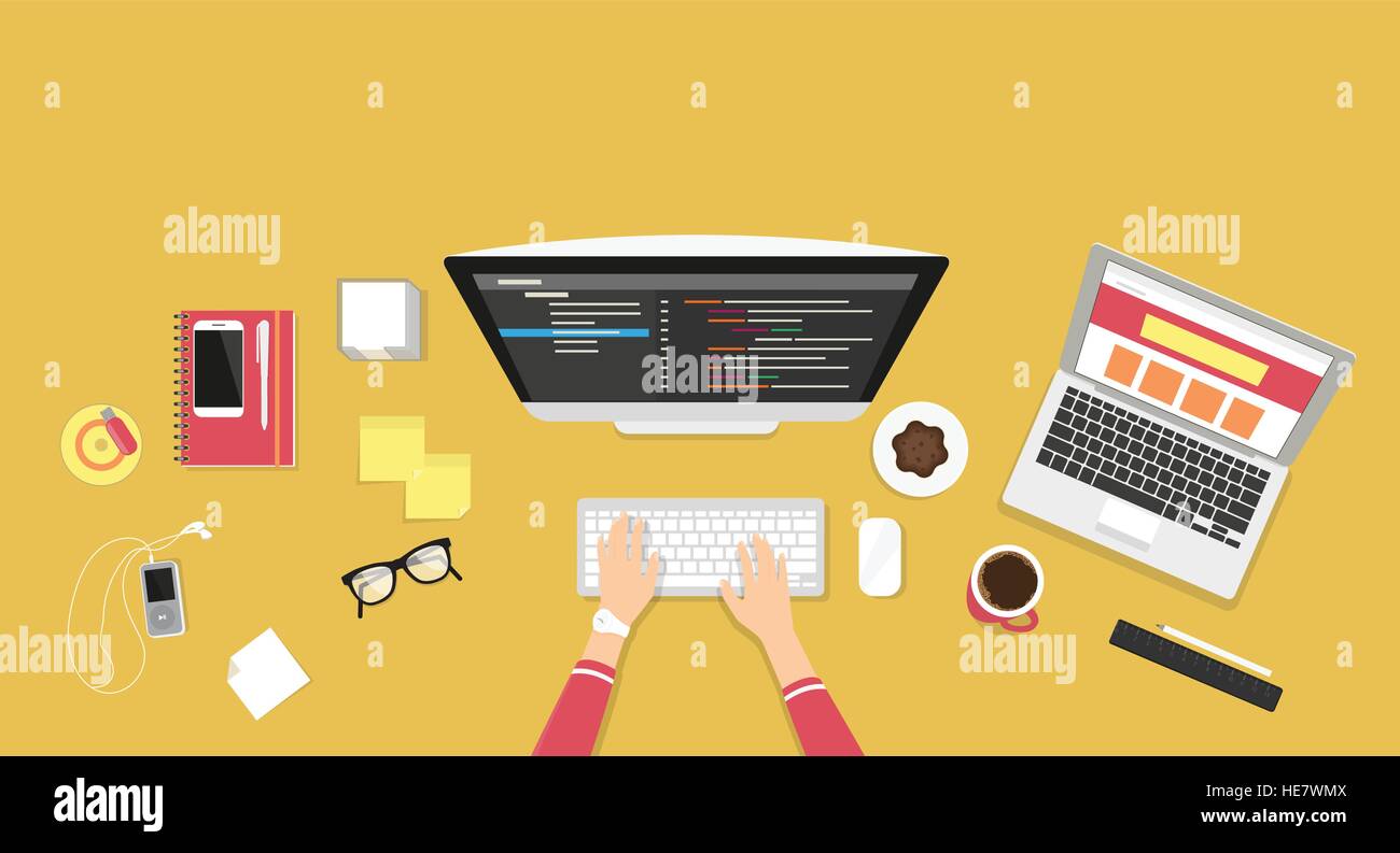 Human female hands typing on the computer keyboard and programming ...