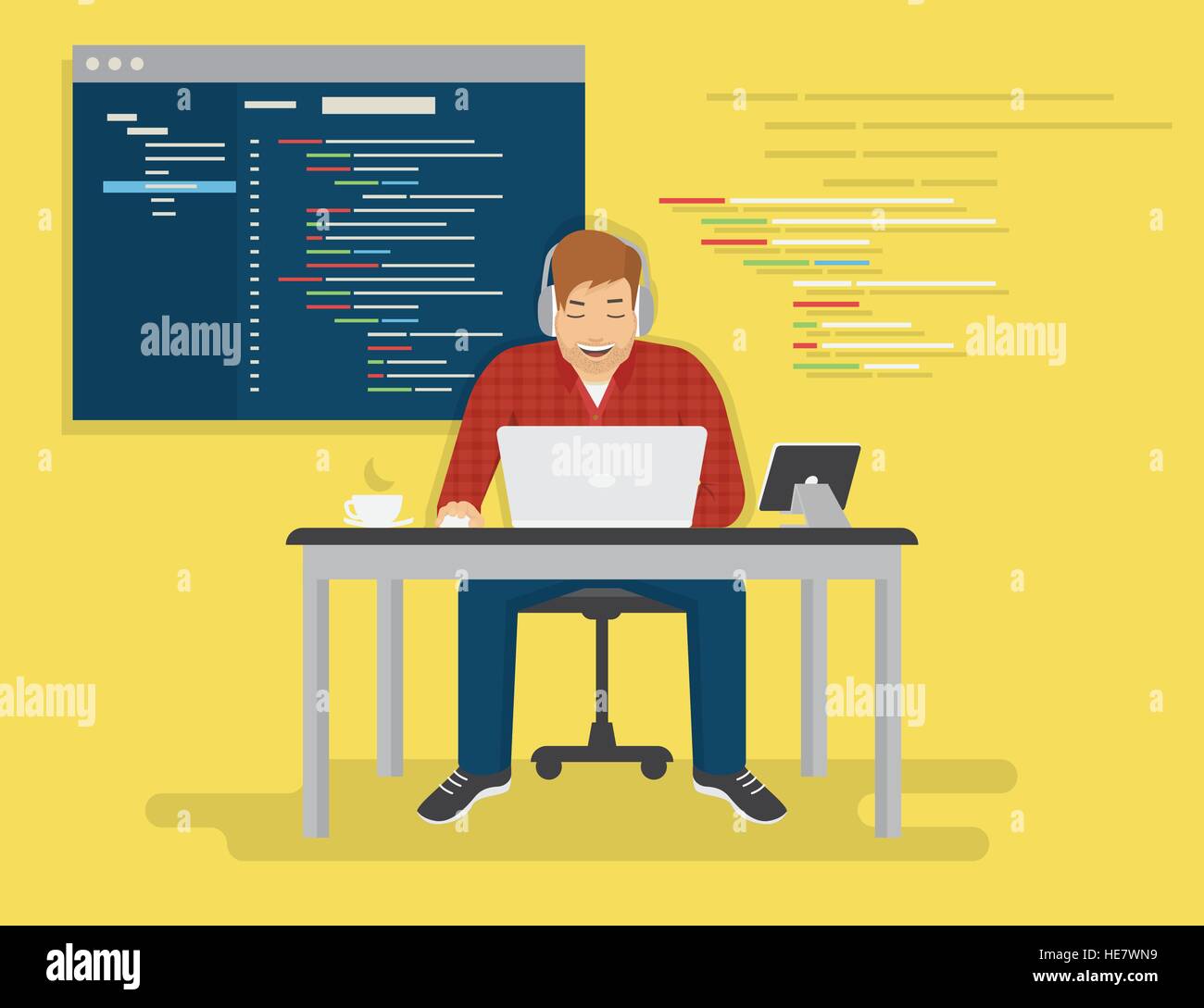 Programmer is working with laptop. Flat modern illustration of young ...