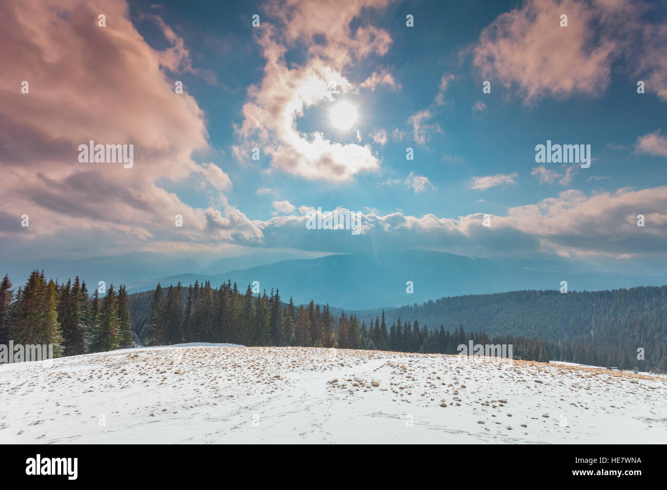 Amazing evening winter landscape Stock Photo - Alamy
