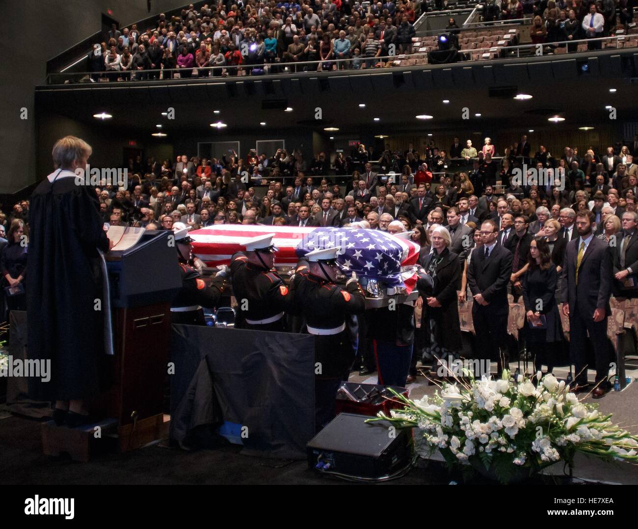 U.S. Marines pallbearers carry the casket of astronaut and former ...