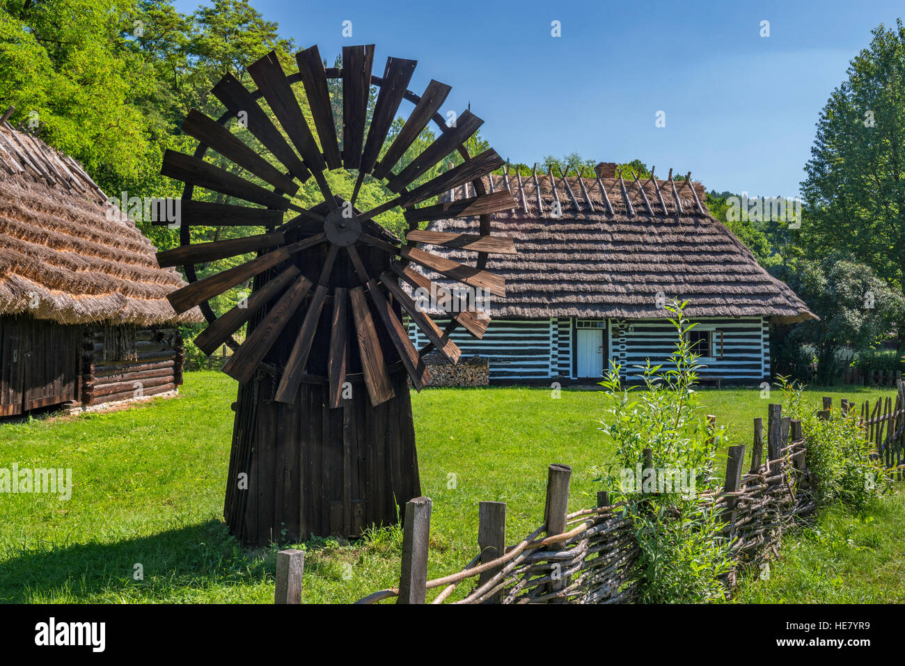 Small wooden windmill, 1923, log house farmstead, Pogorzanie ethnic ...