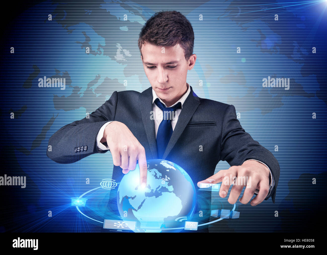 Businessman pressing buttons in computing concept Stock Photo - Alamy