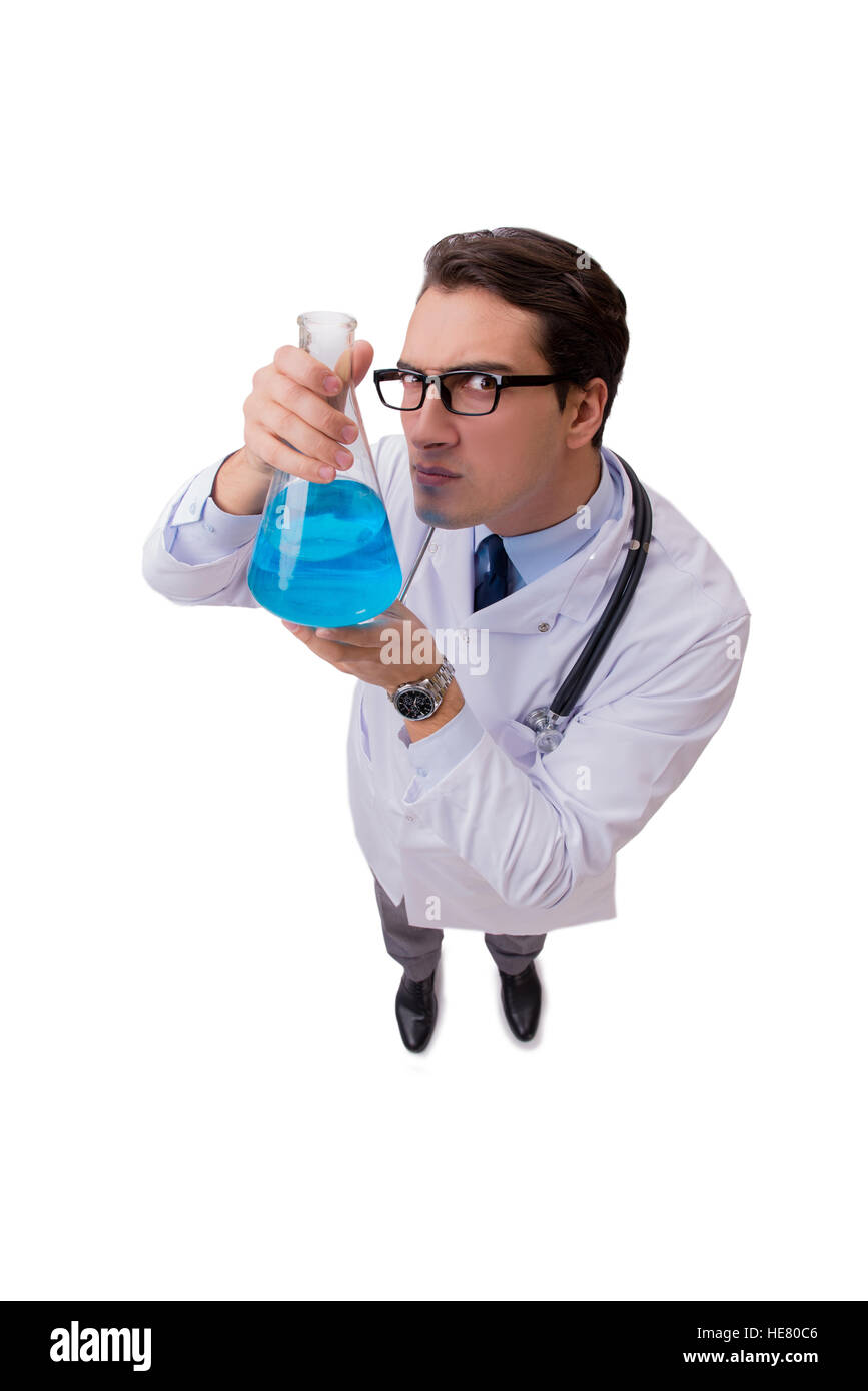 Funny doctor with blue liquid isolated on white Stock Photo - Alamy