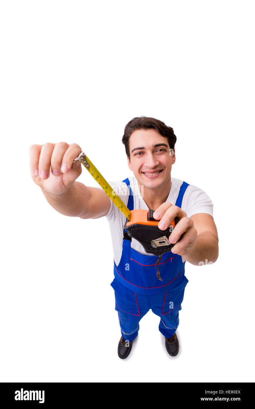 Man with tape measure isolated on white Stock Photo - Alamy