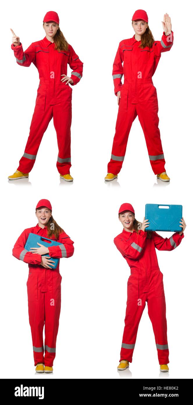 Woman in red overalls isolated on white Stock Photo - Alamy