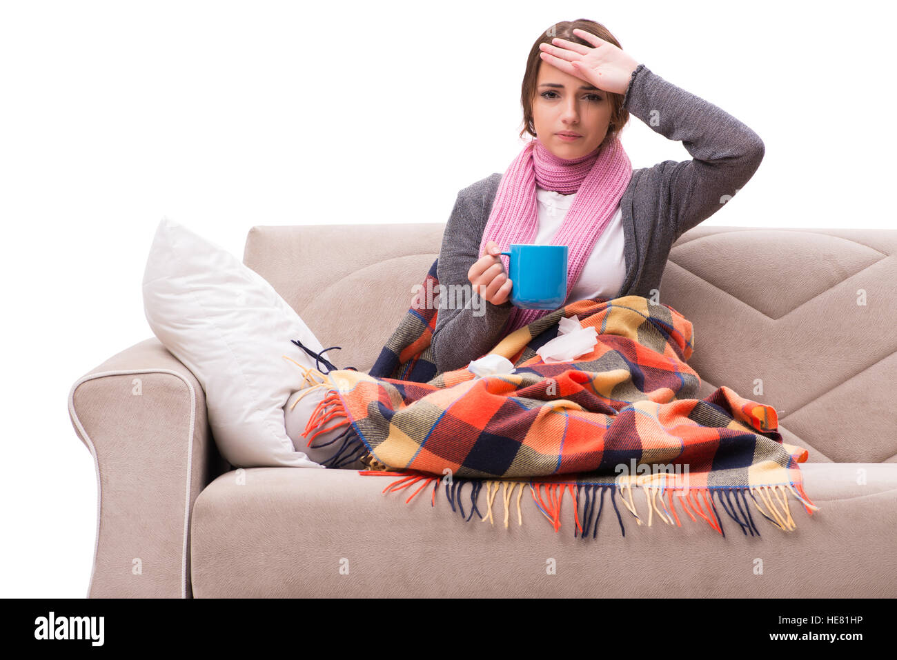 Young woman drinking tea during fever Stock Photo - Alamy