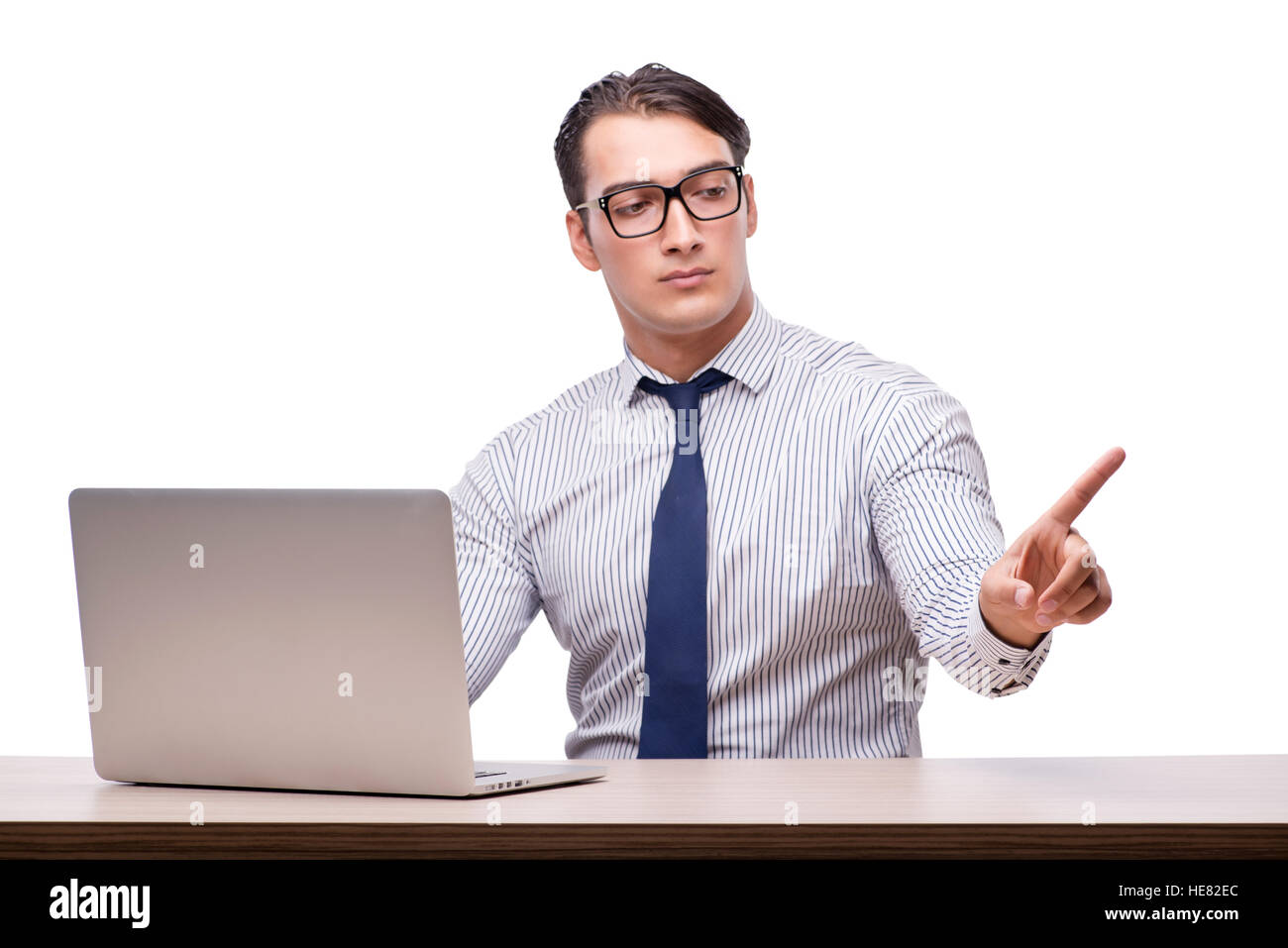 Handsome businessman working with laptop computer isolated on white ...