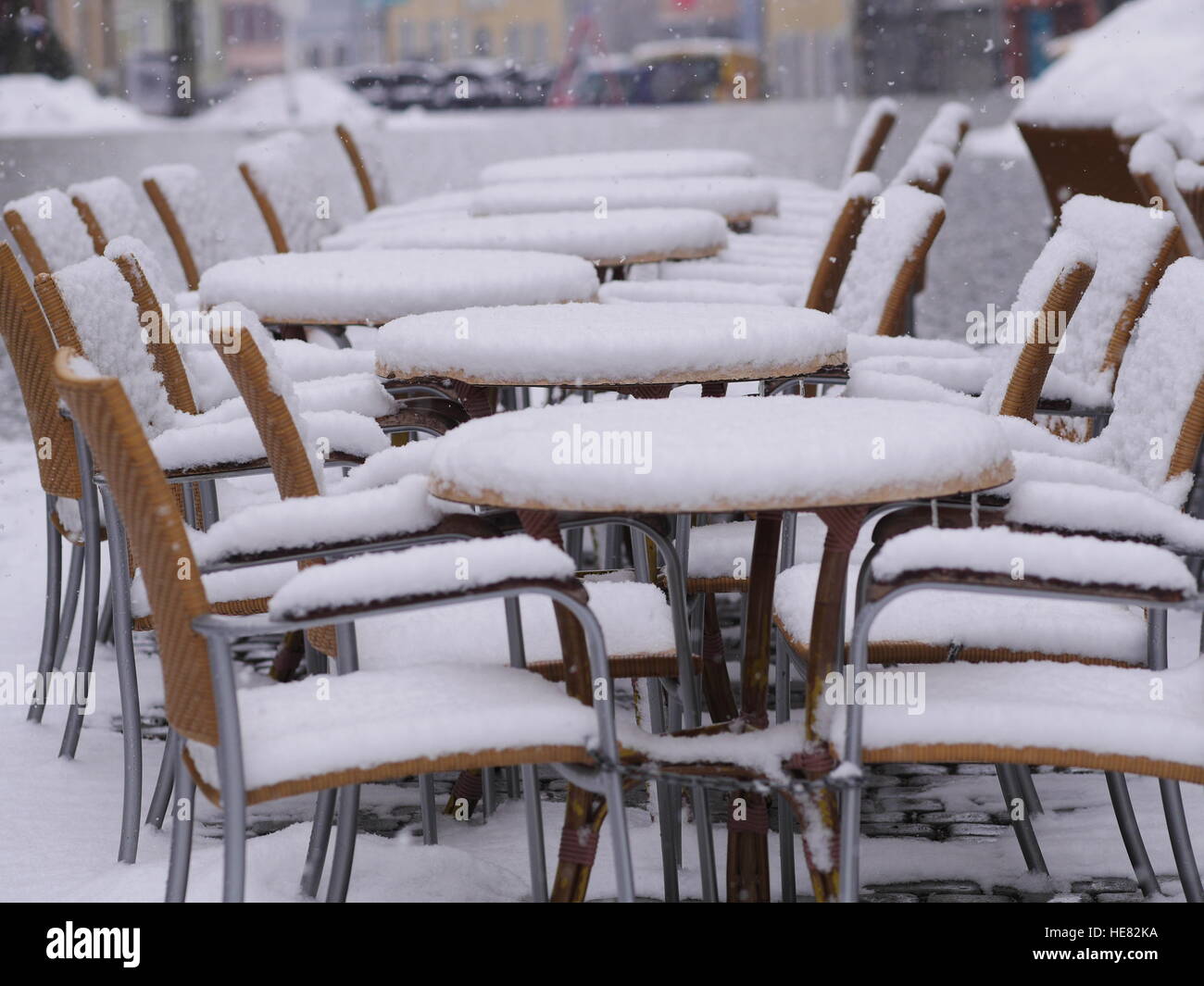 snowy chairs tables winter Stock Photo - Alamy