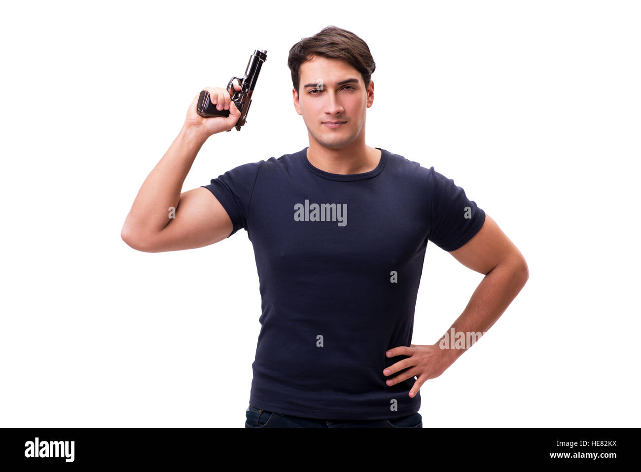 Aggressive young man with gun isolated on white Stock Photo - Alamy
