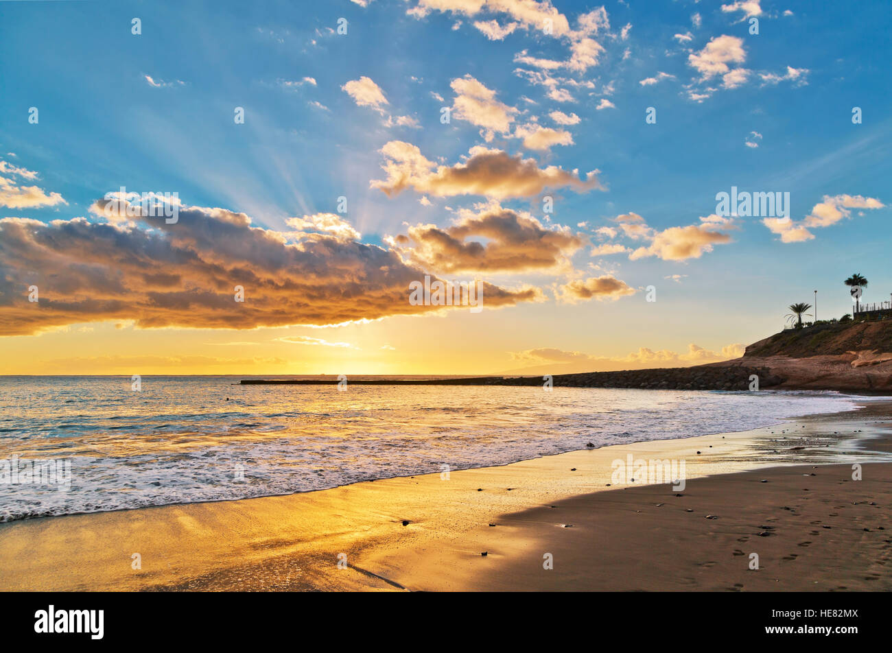 Tropical beach at beautiful sunset.Costa Adeje, Tenerife, Spain Stock ...