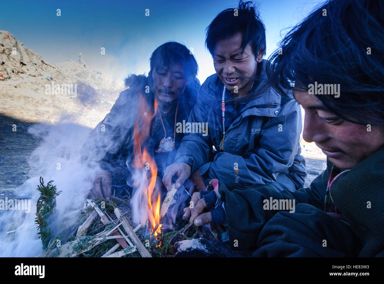 Tibetans burn juniper on upper kora pilgrimage route hi-res stock ...