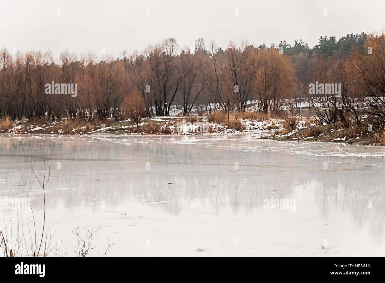 Snow and ice melting on a lake in the forest spring Stock Photo - Alamy