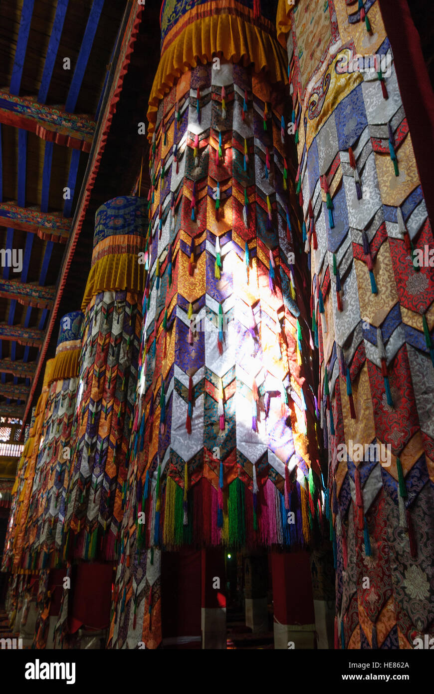 Lhasa: Monastery Drepung; Pillars in the main assembly hall Tshogchen ...