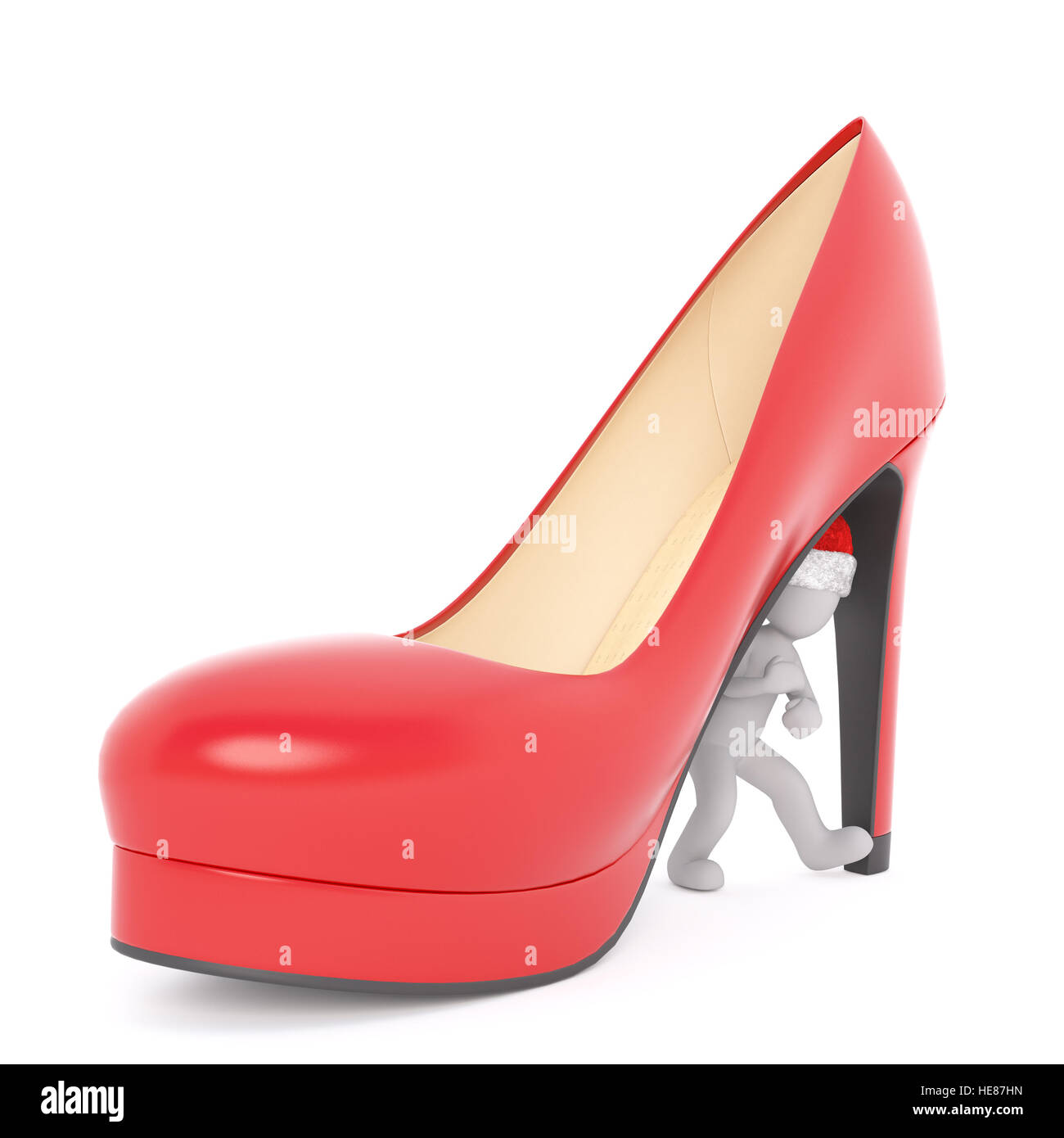 3d toon in Santa hat under large high heeled stylish red shoe on white ...