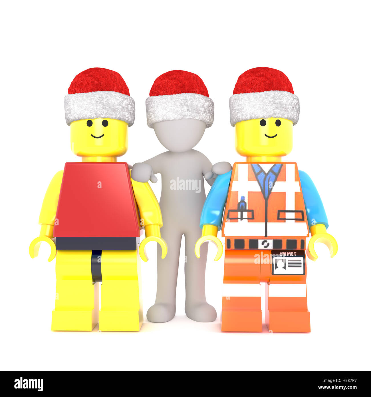 Full body 3d toon in Santa hat stood with two with lego figures on ...