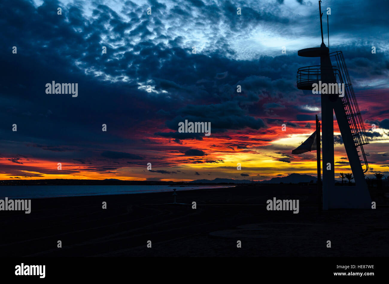 View of Playa Lisa beach in the evening with grey clouds, Alicante ...