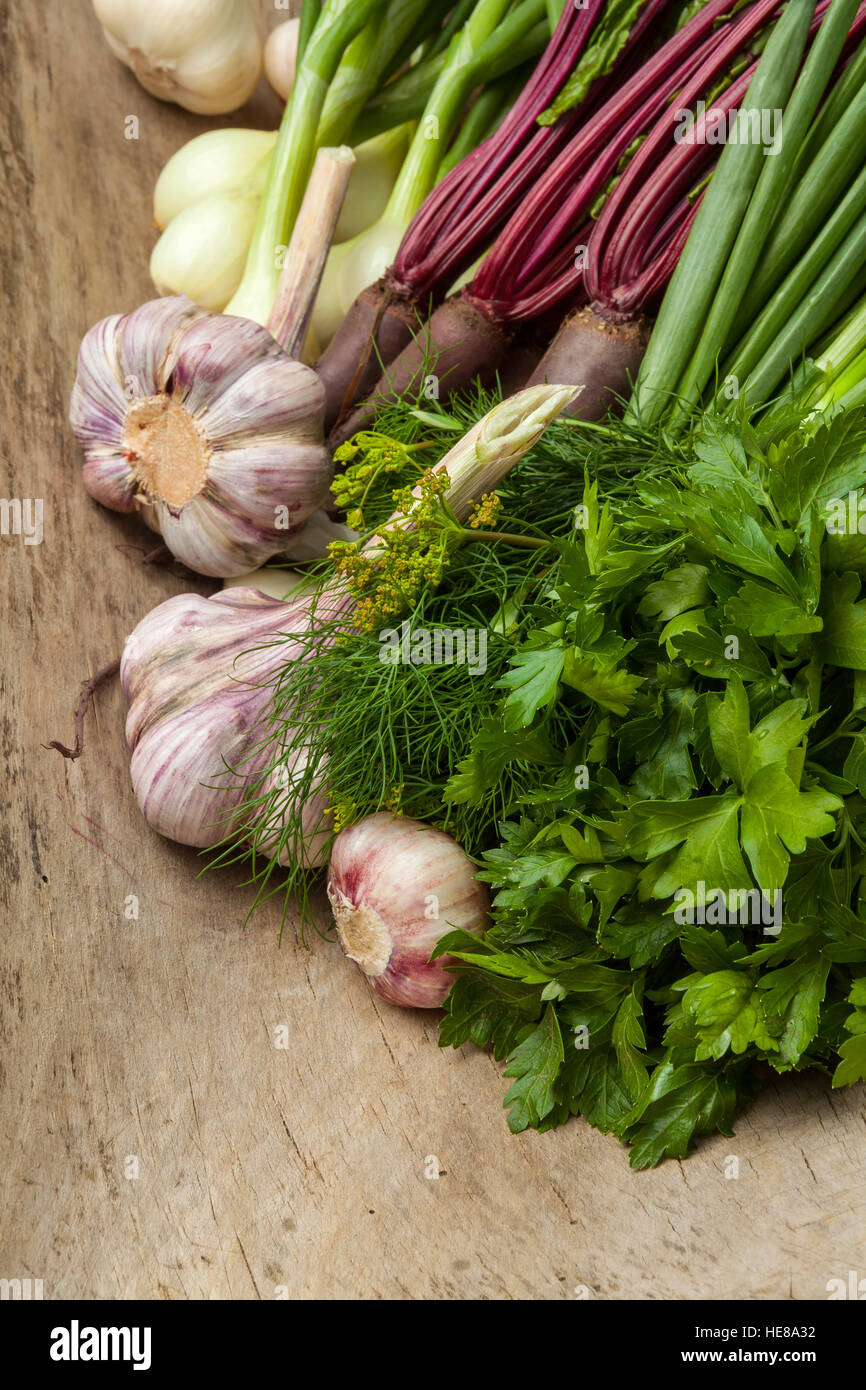 Fresh summer vegetables - garlic,dills,onion s,red beet,parsley Stock ...