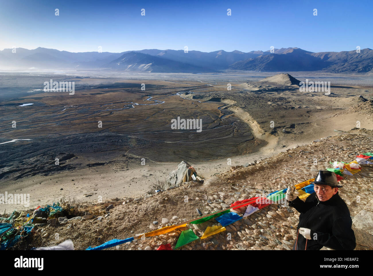 Samye: Hill Hepo Ri with Prayer Flags overlooking the valley of Yarlung ...