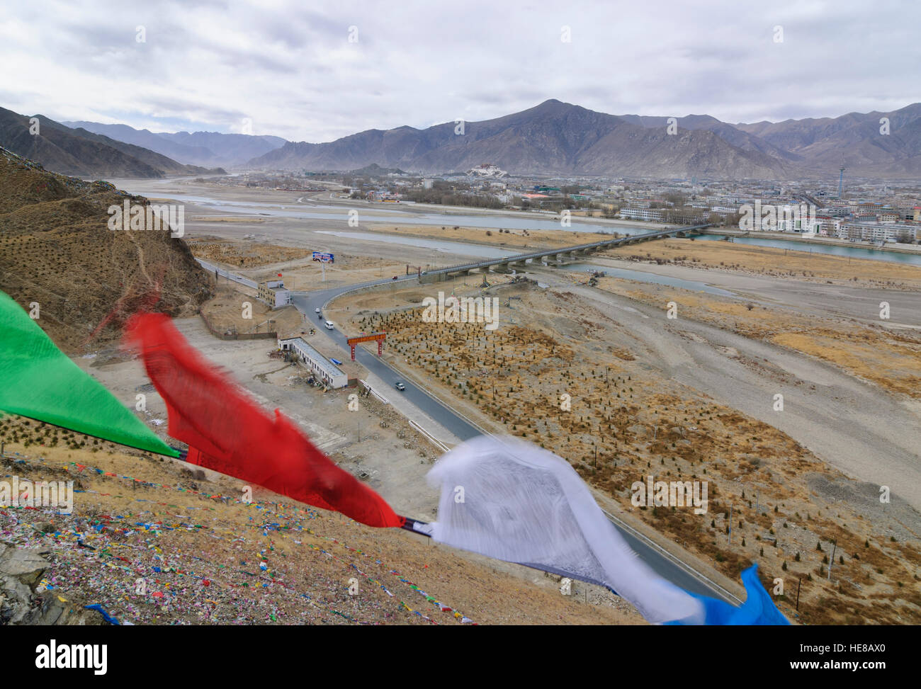 Lhasa: View from Bumpo Ri Mountain to the river Kyichu and the city ...