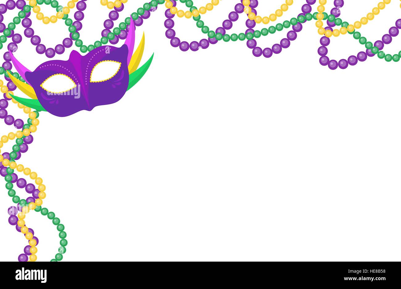 Mardi Gras beads colored frame with a mask, isolated on white ...