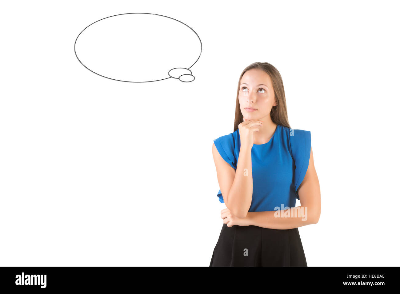 Woman thinking in a white background with a bubble over her Stock Photo ...