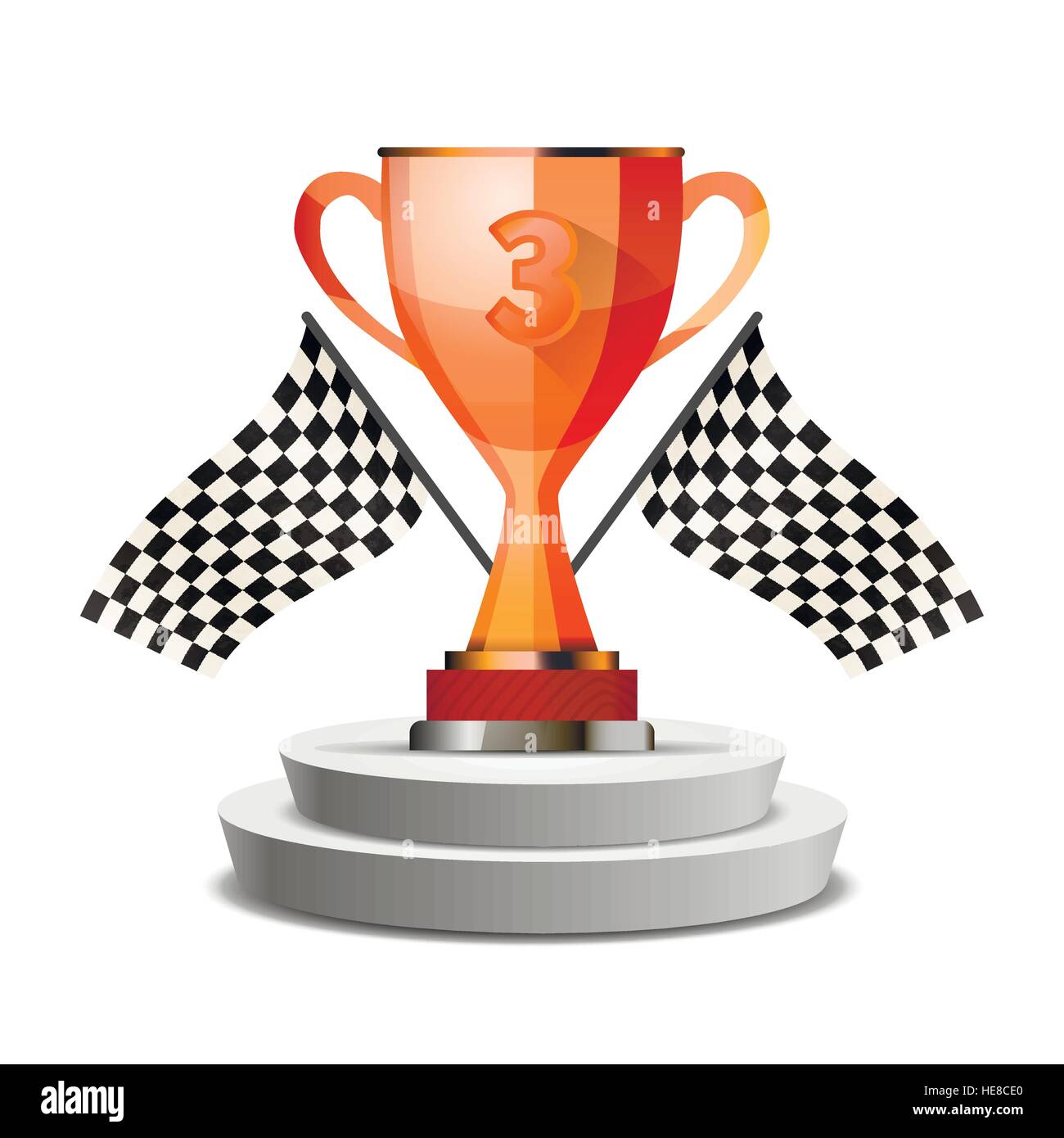 Bright glossy winner cup for third place on pedestal with flags ...