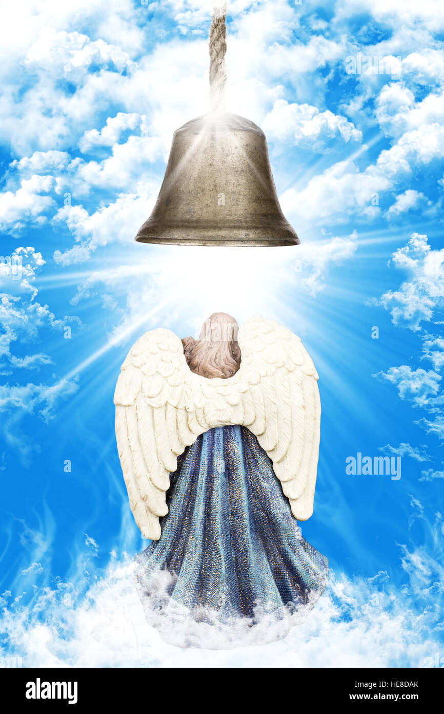 Angel With White Wings Standing Beneath A Church Bell In Heaven ...