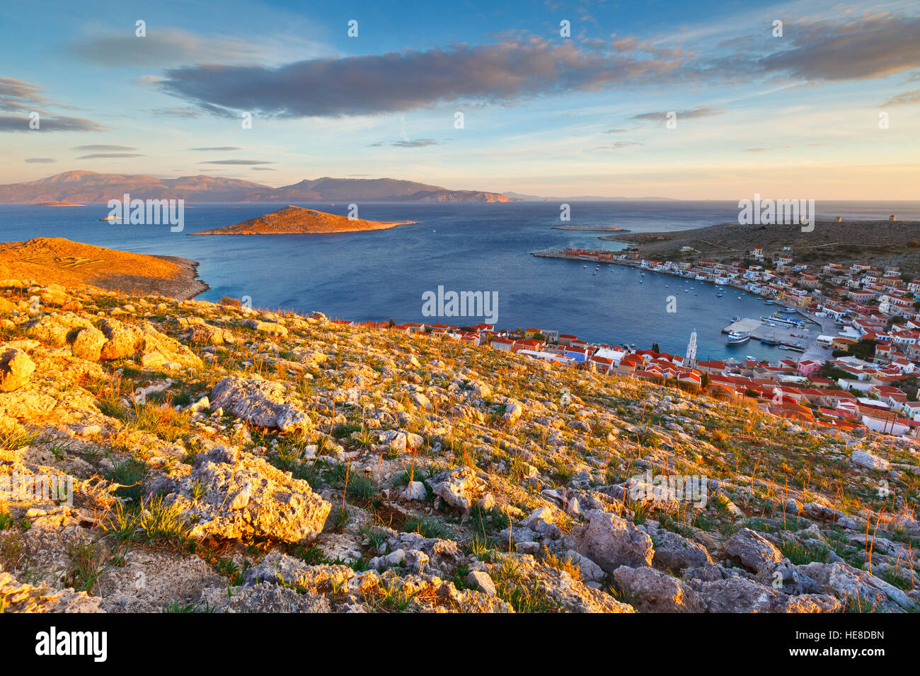 Village on Halki island in Dodecanese archipelago, Greece Stock Photo ...