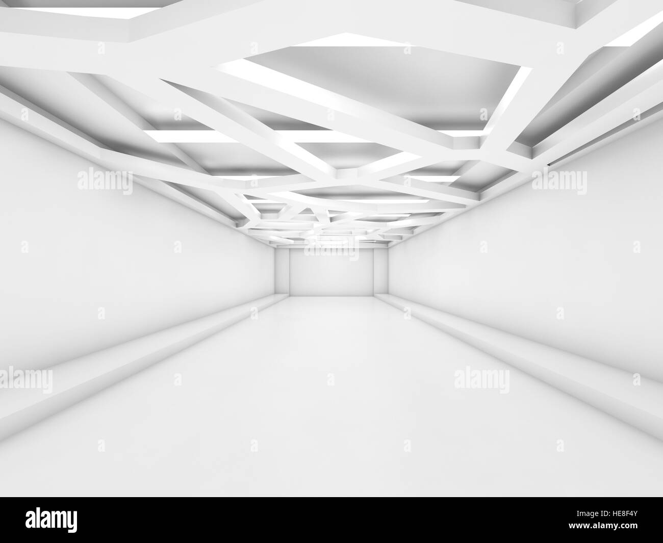 Abstract empty white interior perspective with decorative ceiling light ...