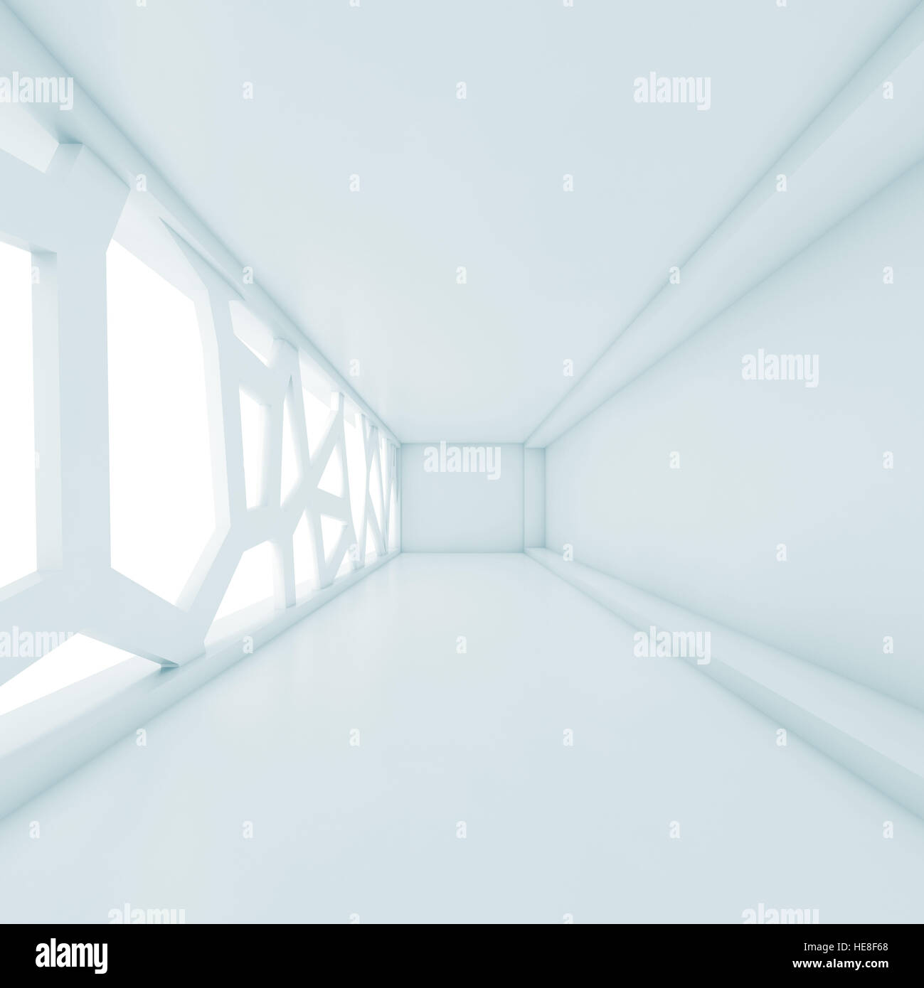 Abstract empty room interior with big futuristic window. Square blue ...