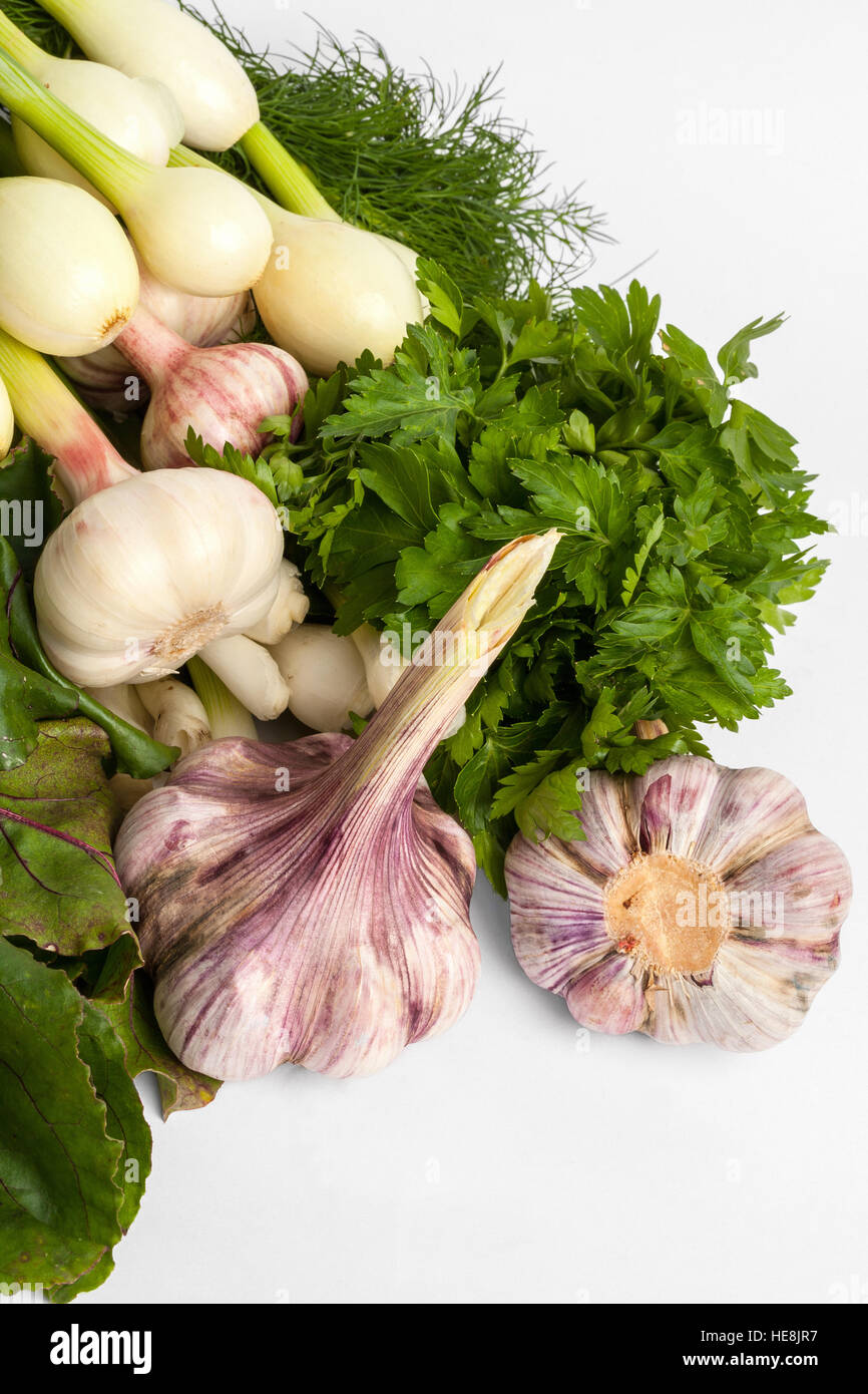 Fresh summer vegetables - garlic,dills,onion s,red beet,parsley Stock ...