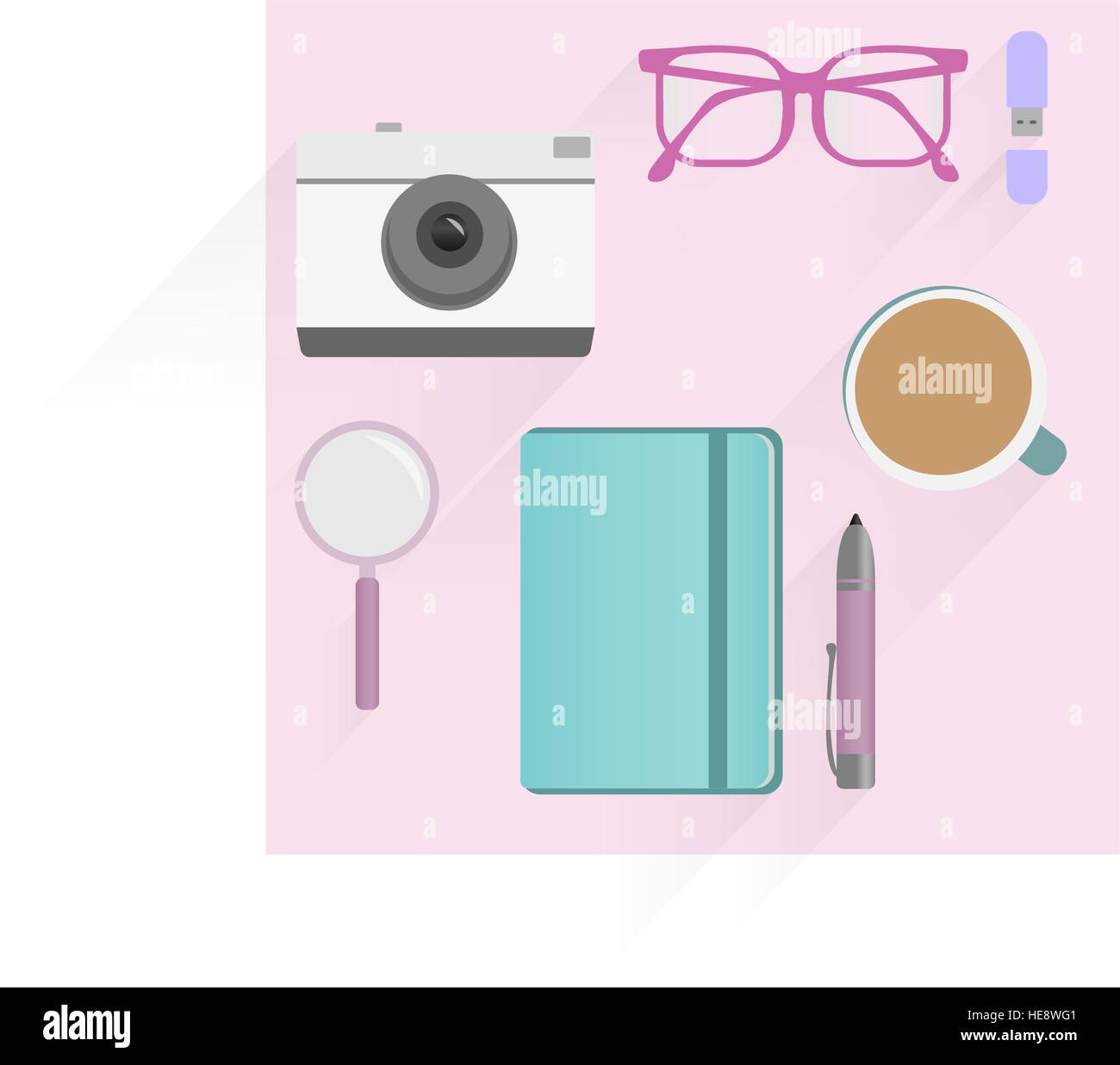 Office desk table with photo camera, glasses, flash drive, pen ...
