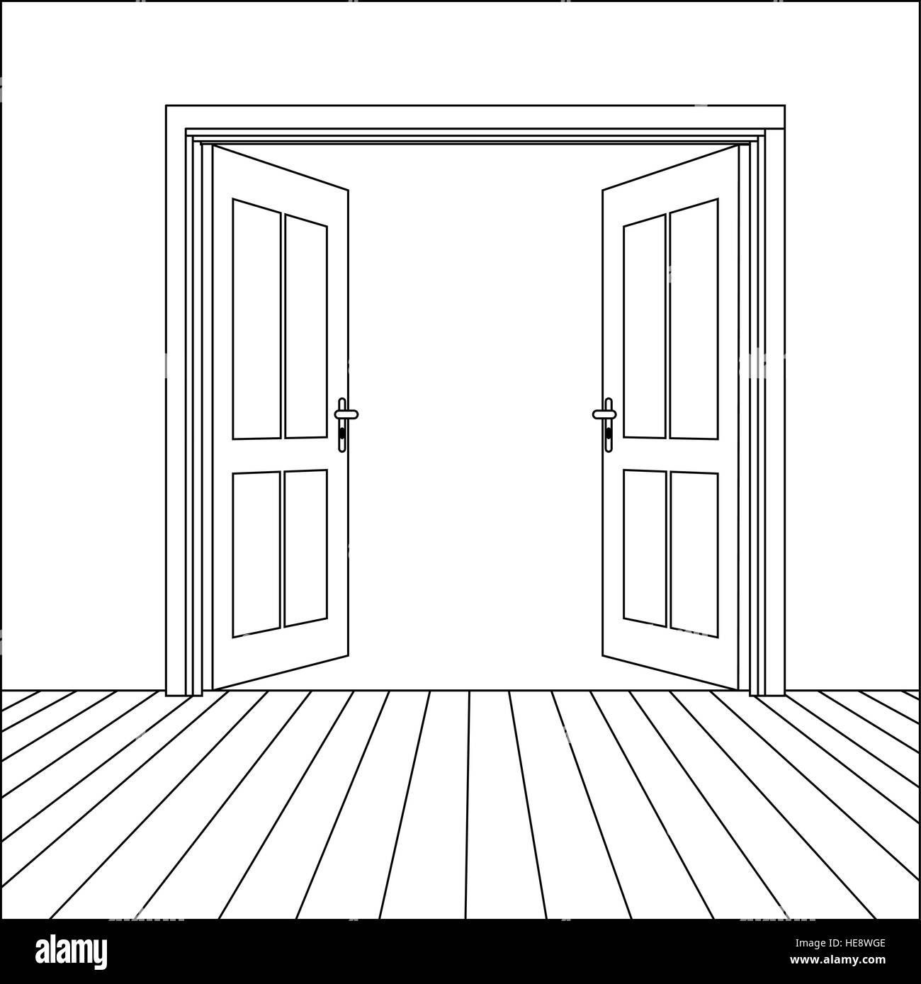 Vector Opened Line Doors Outside In Room with Floor Stock Vector Image ...