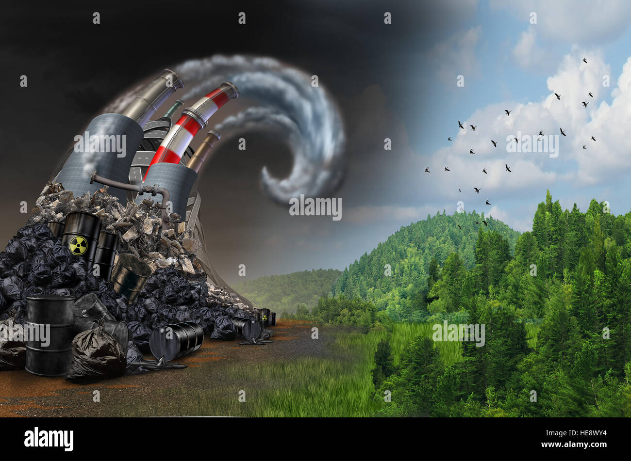 Pollution wave concept and environmental danger symbol as industrial ...