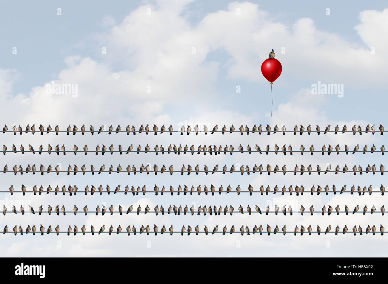 Concept to think different as a group of birds on a wire with an upward ...