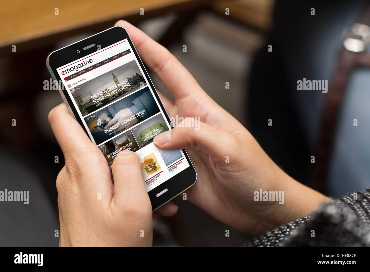 mobile design concept: girl using a digital generated phone reading ...