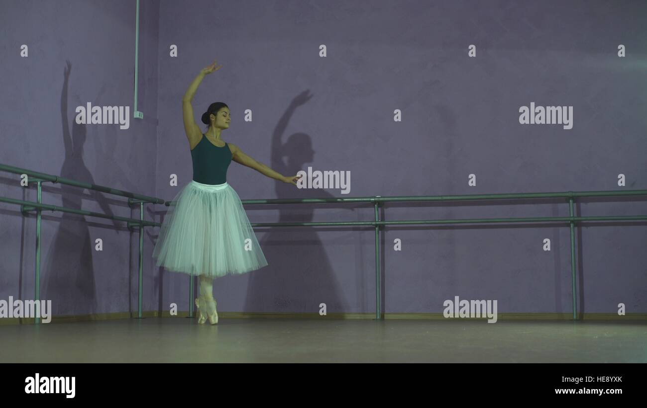 Young caucasian ballerina girl showing various ballet steps and ...