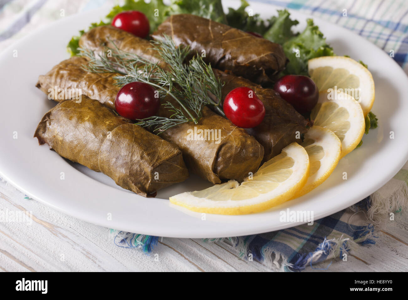Delicious homemade dolma with lemon and berries on a plate. Horizontal ...