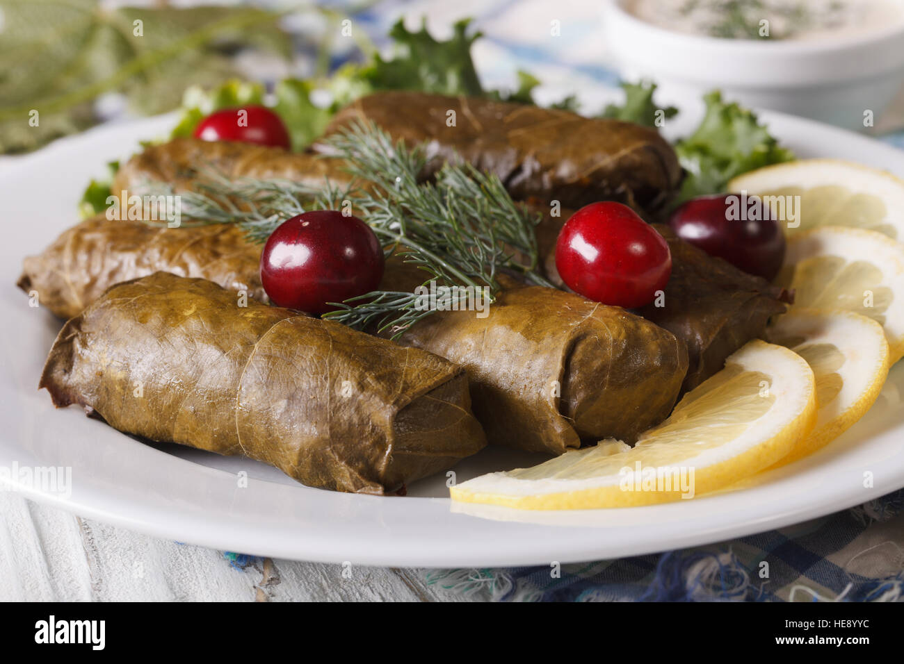 Delicious homemade Dolma of grape leaves with herbs on a plate close-up ...